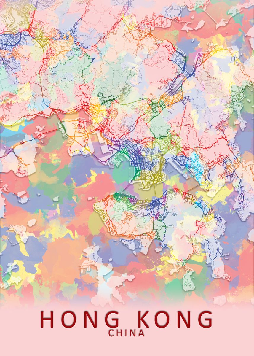 'Hong Kong Splash City Map' Poster by City Map Art Prints | Displate