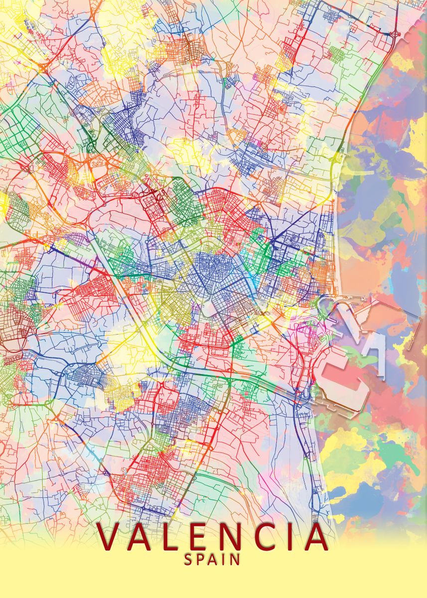 'Valencia Splash City Map' Poster, picture, metal print, paint by City ...