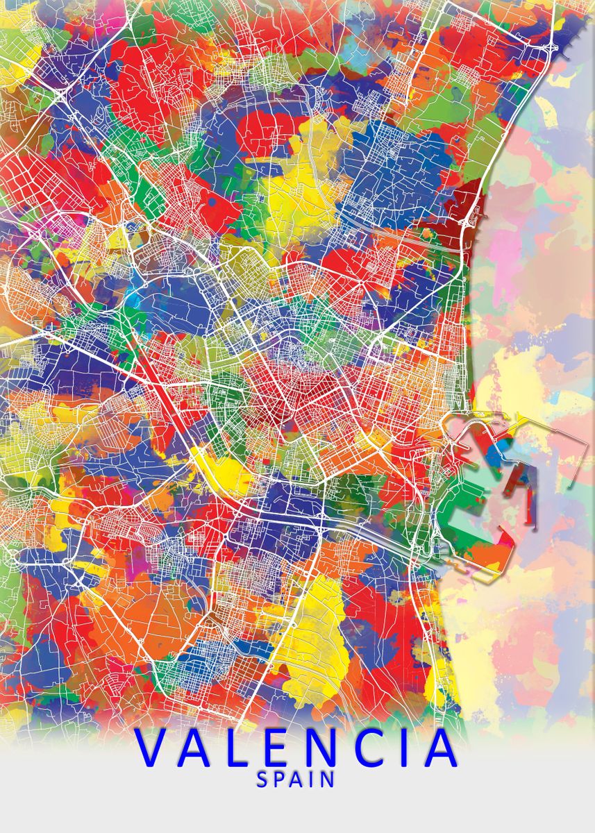 'Valencia Splash City Map' Poster, picture, metal print, paint by City ...
