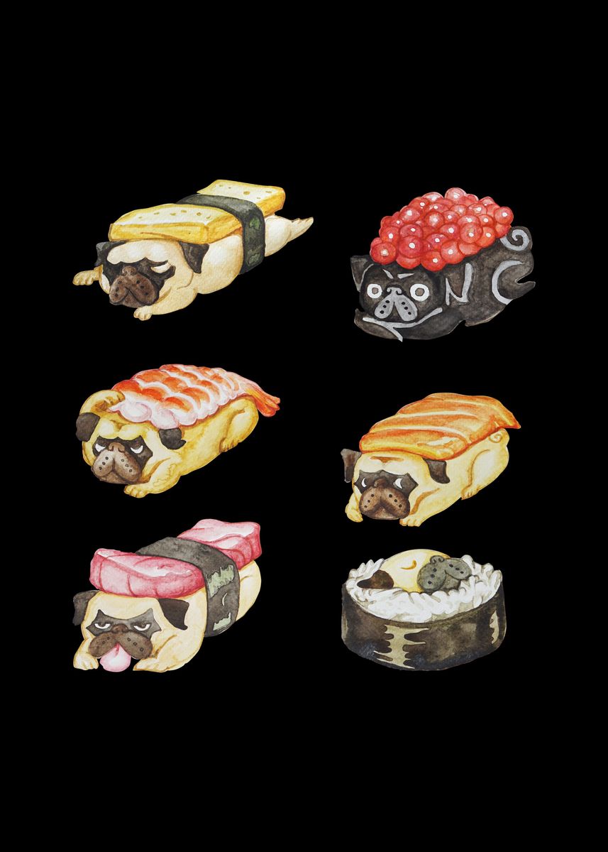 'Sushi Pug' Poster, picture, metal print, paint by Chalermphol ...