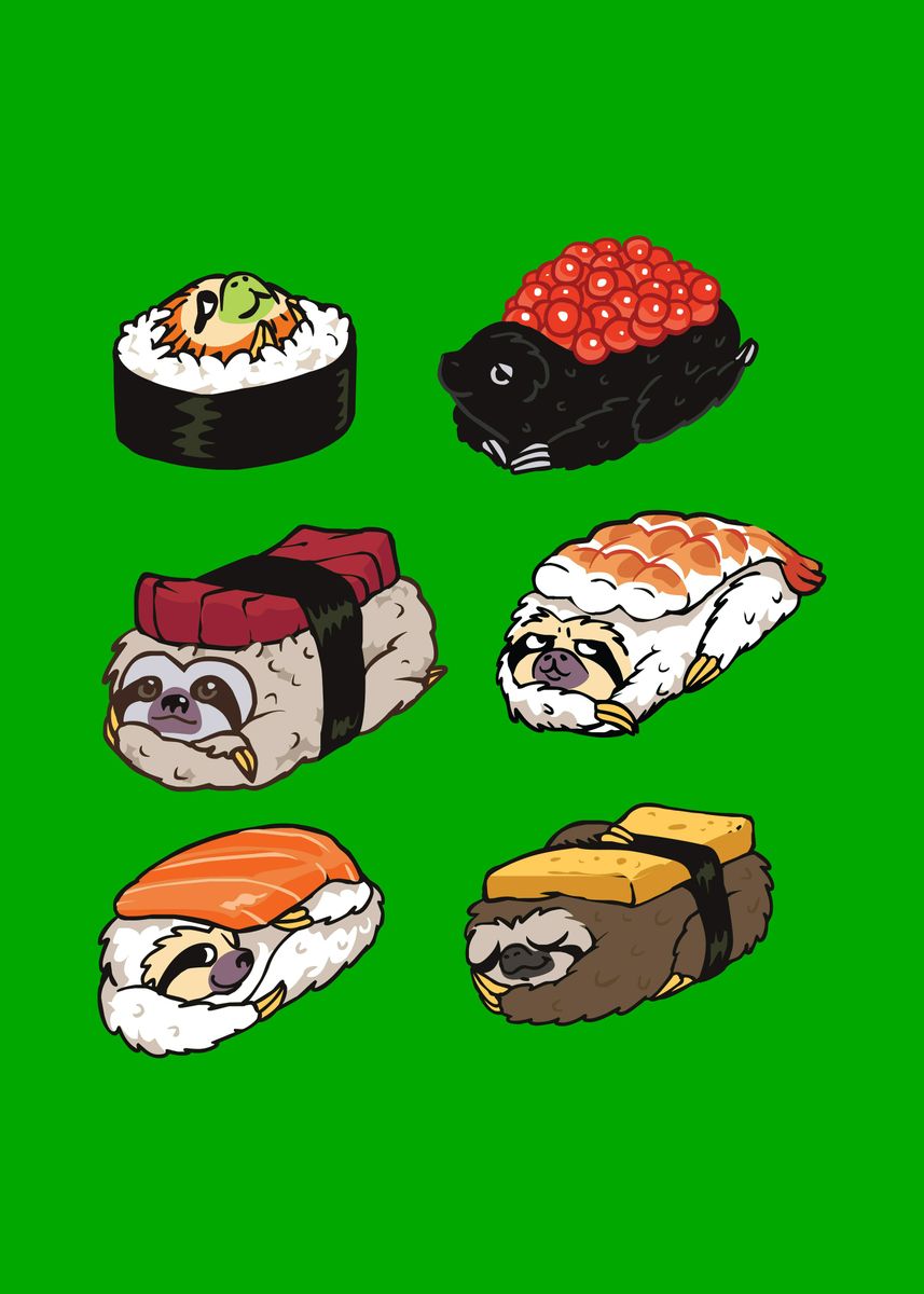 'Sushi Sloth' Poster, picture, metal print, paint by Chalermphol ...