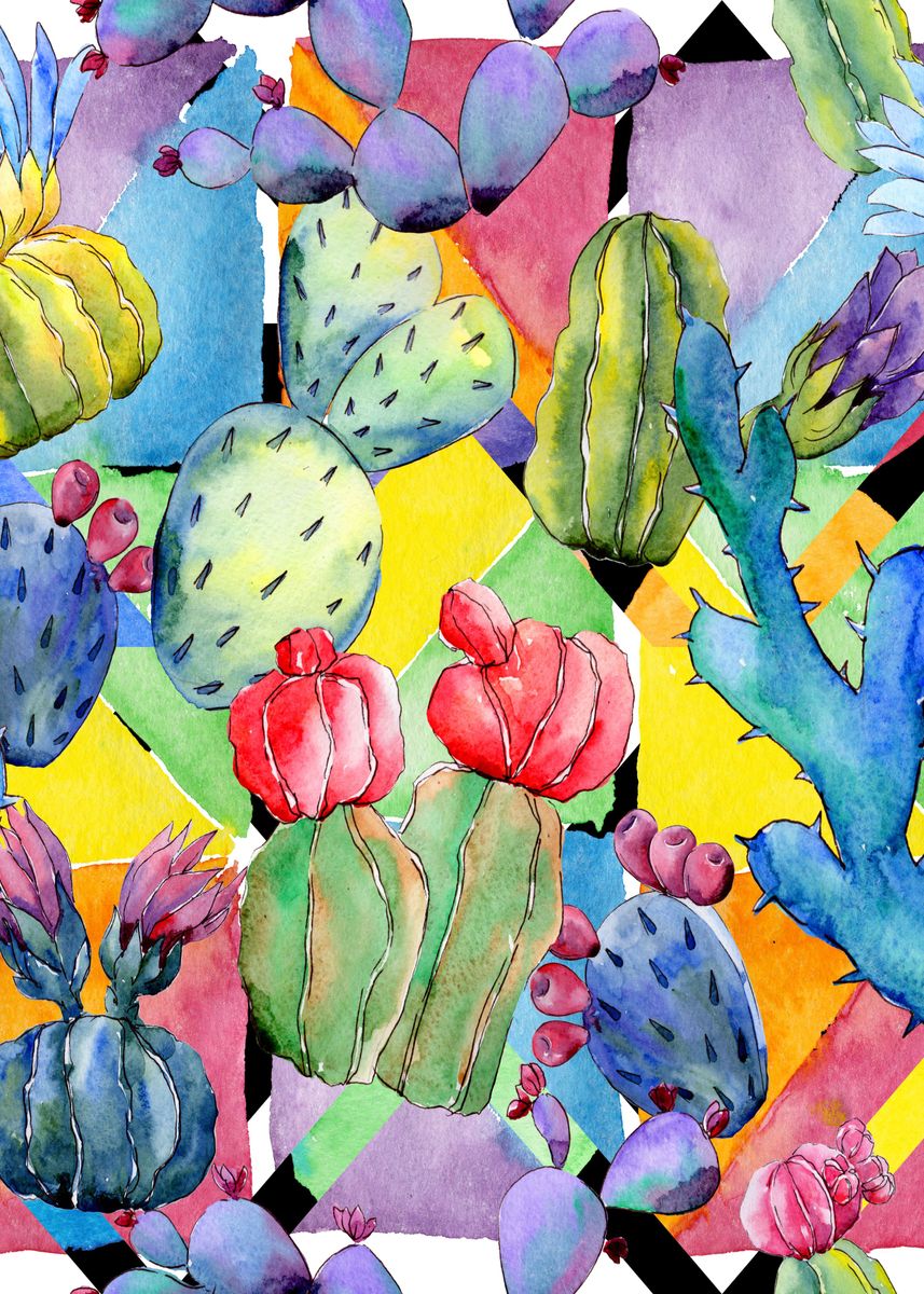 'Cactus Geometric ' Poster, picture, metal print, paint by Wendy Munro ...