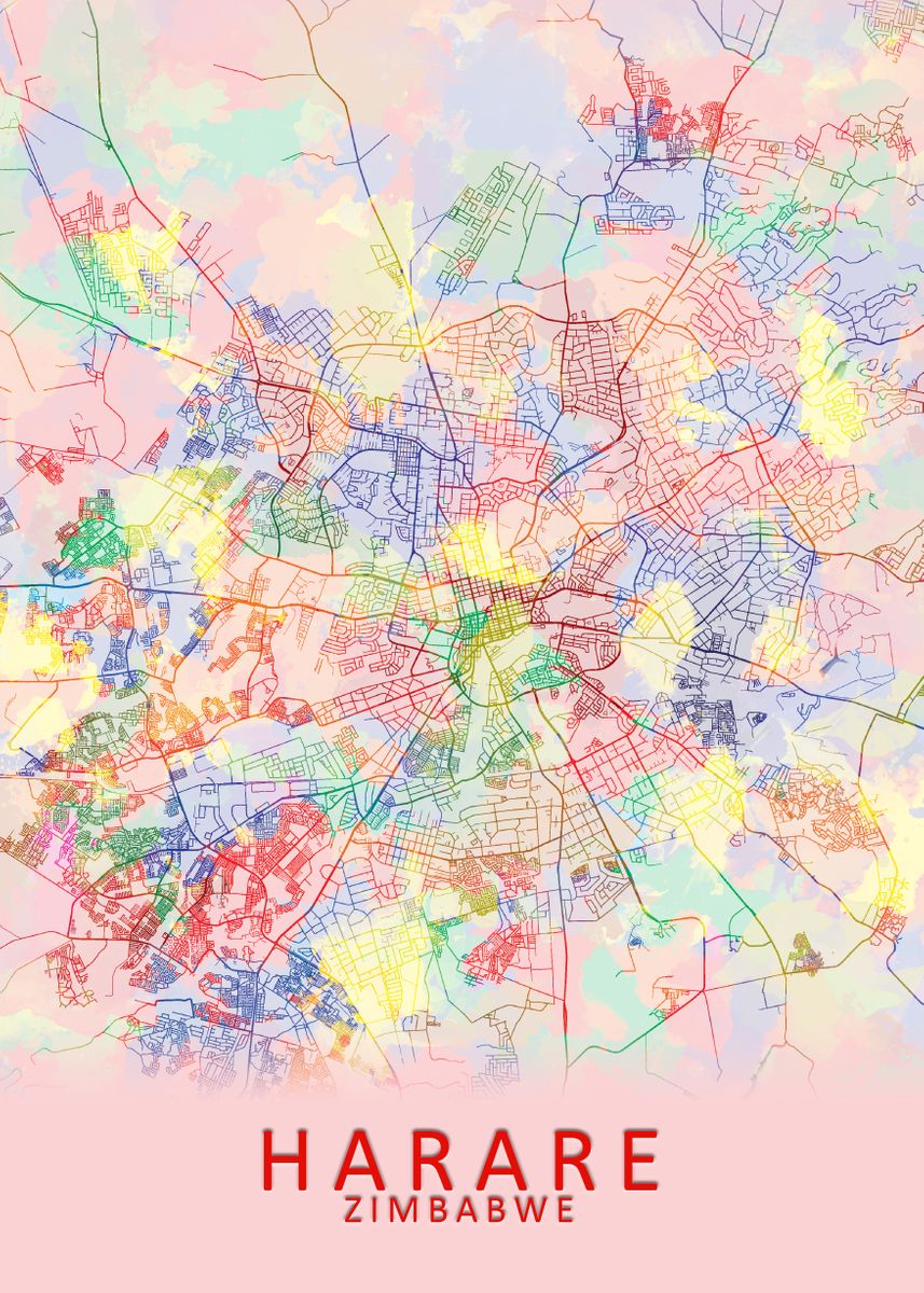 'Harare Zimbabwe City Map' Poster, picture, metal print, paint by City ...