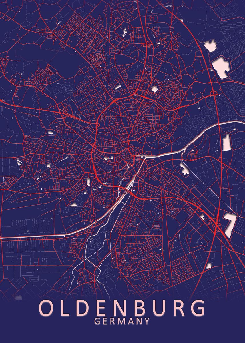 'Oldenburg Germany City Map' Poster, picture, metal print, paint by ...
