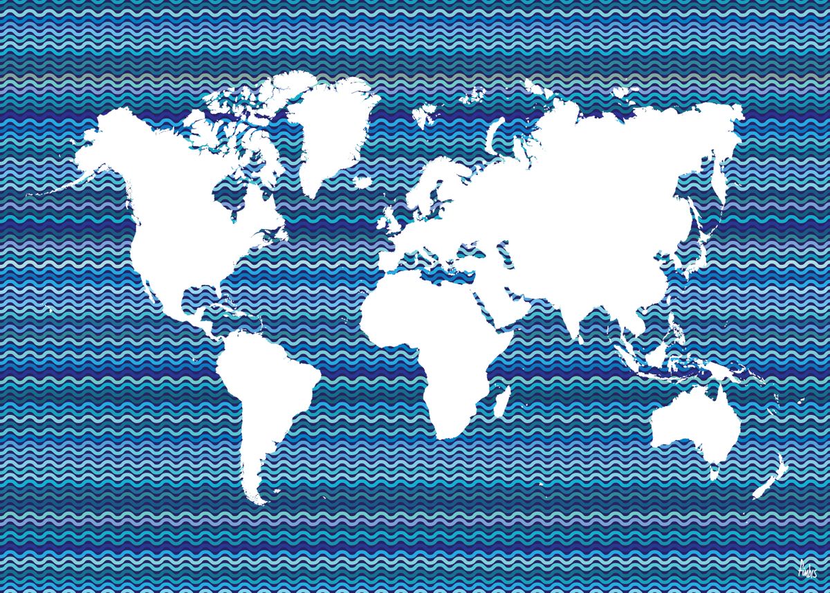 'Wavy World Map Blue' Poster by Fimbis | Displate