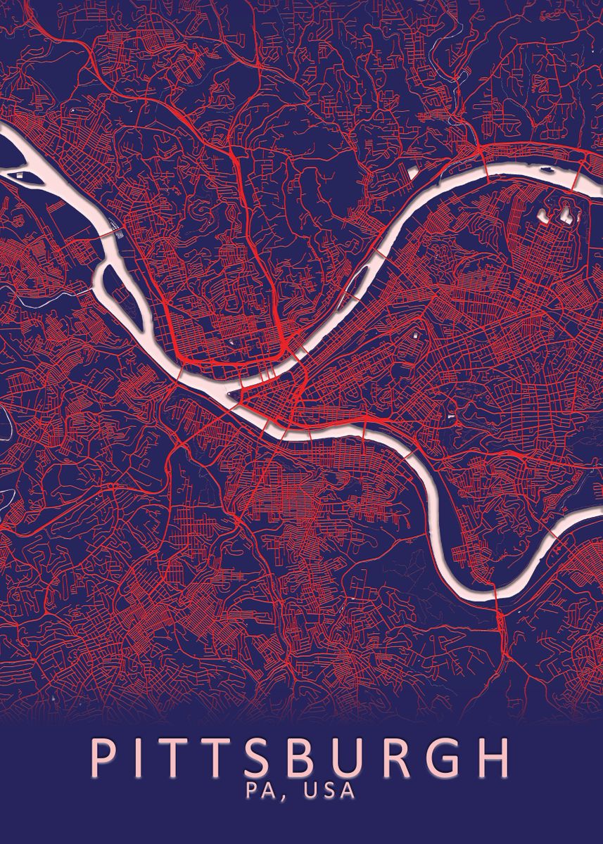 'Pittsburgh PA USA City Map' Poster, picture, metal print, paint by ...