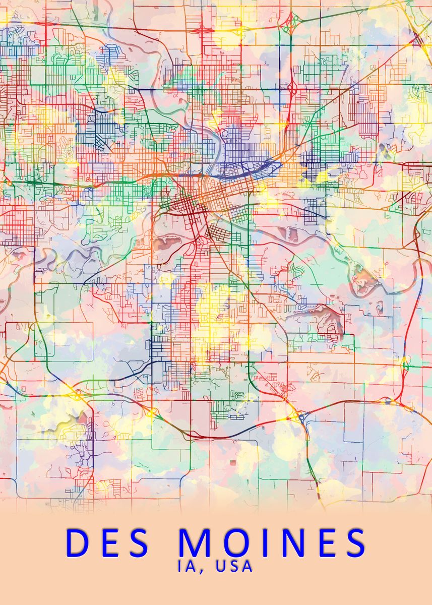 'Des Moines IA USA City Map' Poster, picture, metal print, paint by ...