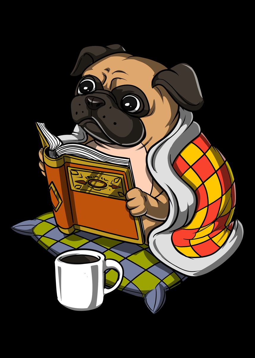 'Pug Dog Book Reading Lover' Poster, picture, metal print, paint by ...