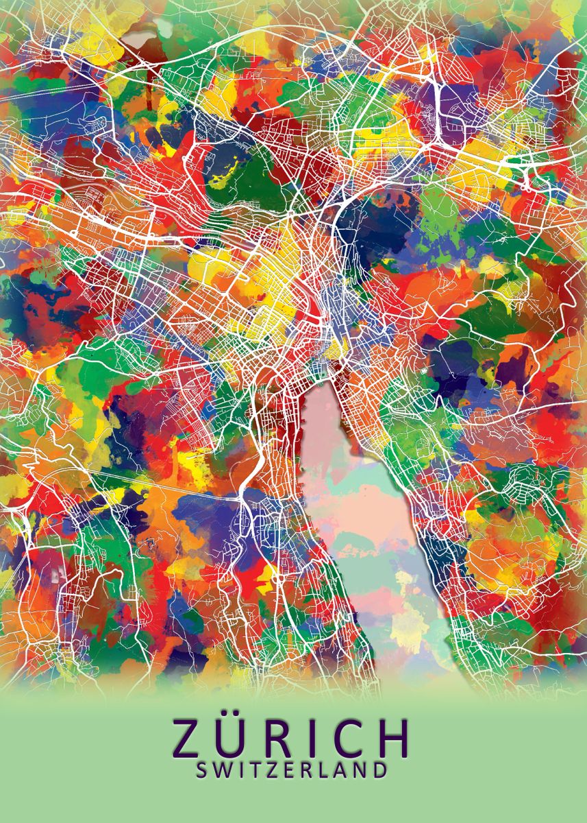 'Zurich Switzerland Map' Poster, picture, metal print, paint by City ...
