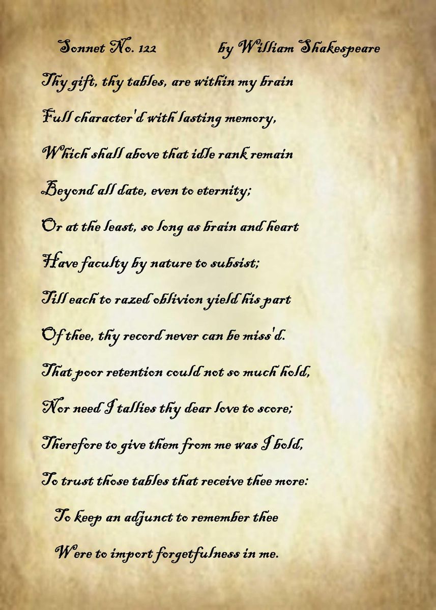 'Sonnet 122 by Shakespeare' Poster, picture, metal print, paint by Burl ...