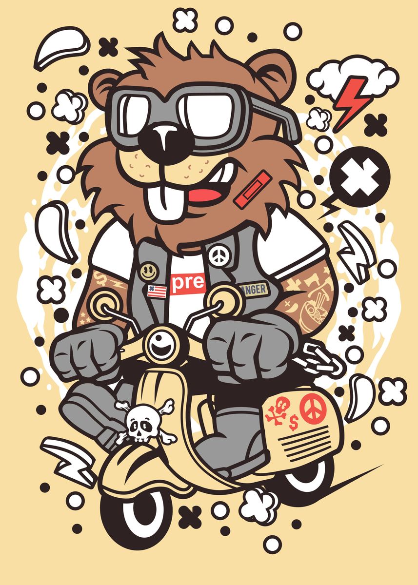 'Beaver Scooterist' Poster, picture, metal print, paint by Aloke Design ...