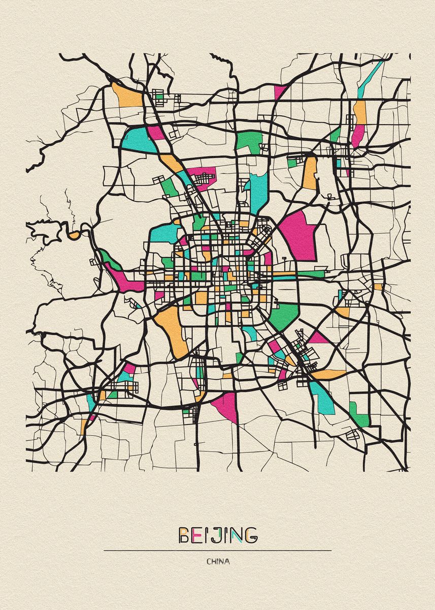 'Beijing Map' Poster, picture, metal print, paint by Deniz A. | Displate
