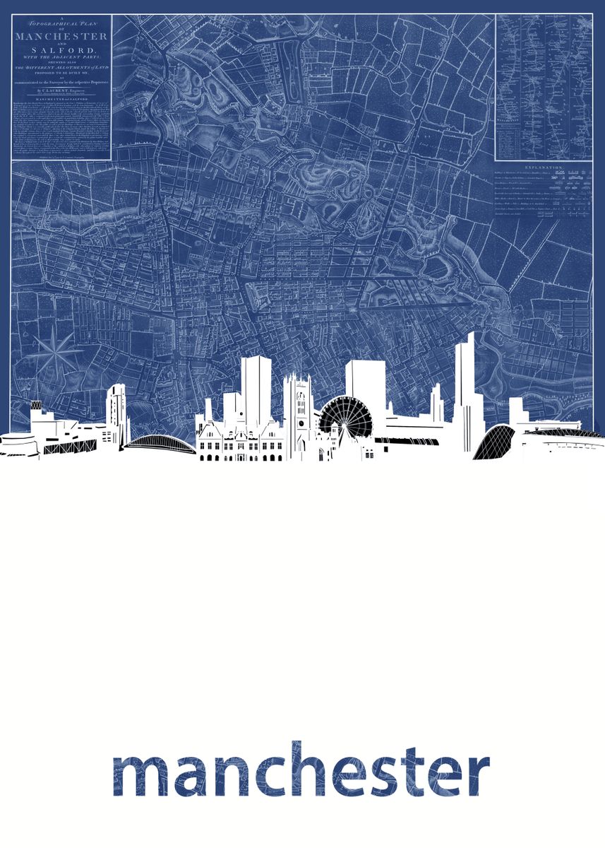 'manchester skyline blue' Poster by Bekim Art | Displate