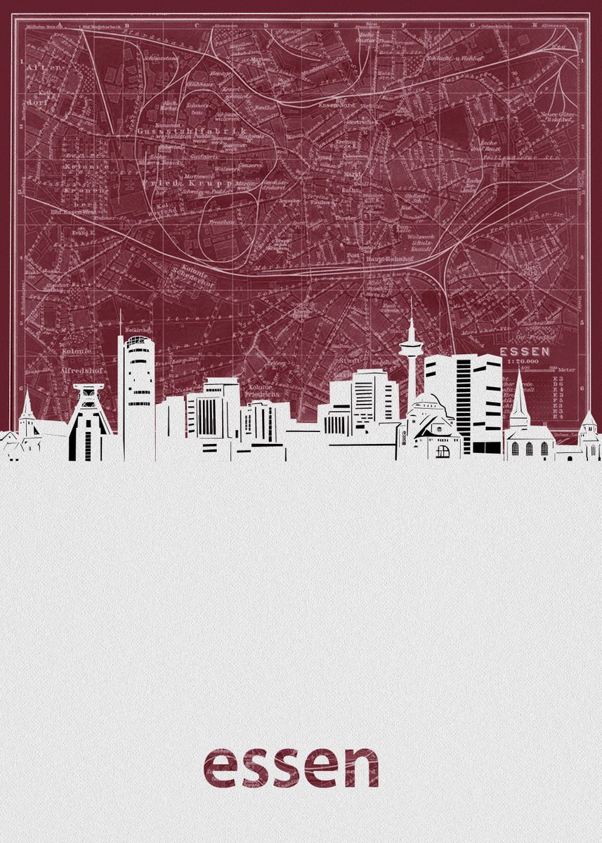 'essen skyline red' Poster by Bekim Art | Displate