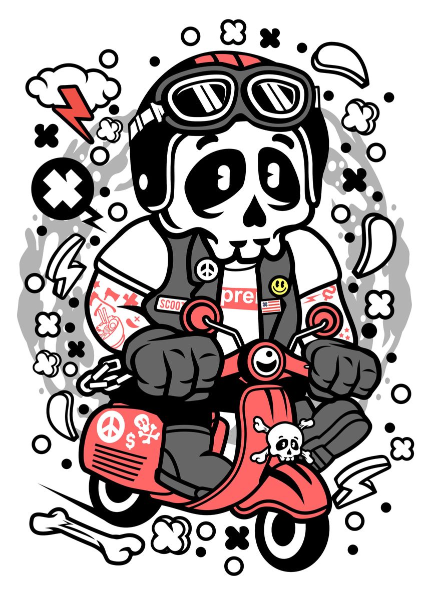 'Skull Scooterist' Poster, picture, metal print, paint by Aloke Design ...