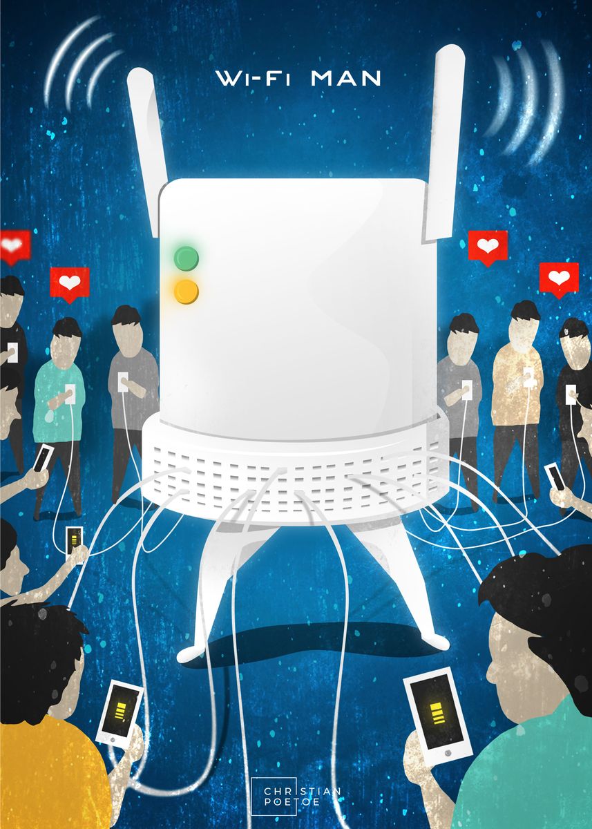 'WiFi Man' Poster, picture, metal print, paint by Christian Putu | Displate