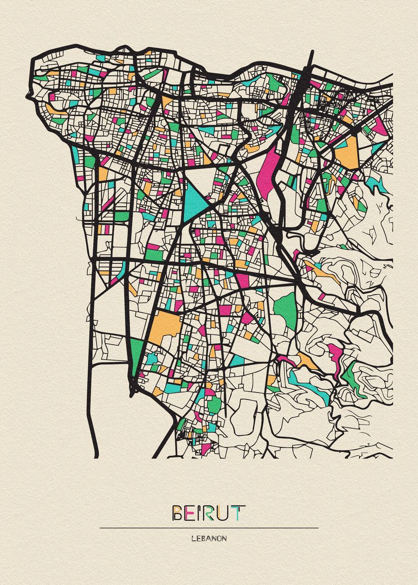'Beirut Map' Poster, picture, metal print, paint by Deniz A. | Displate