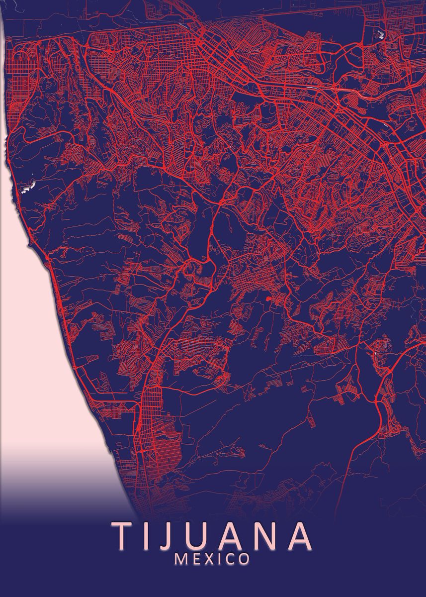 'Tijuana Mexico City Map' Poster, picture, metal print, paint by City ...