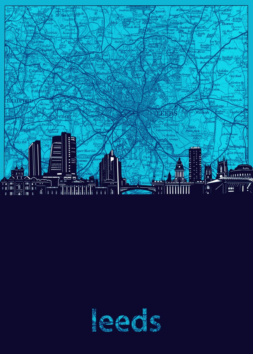 'leeds skyline turquoise' Poster, picture, metal print, paint by Bekim ...