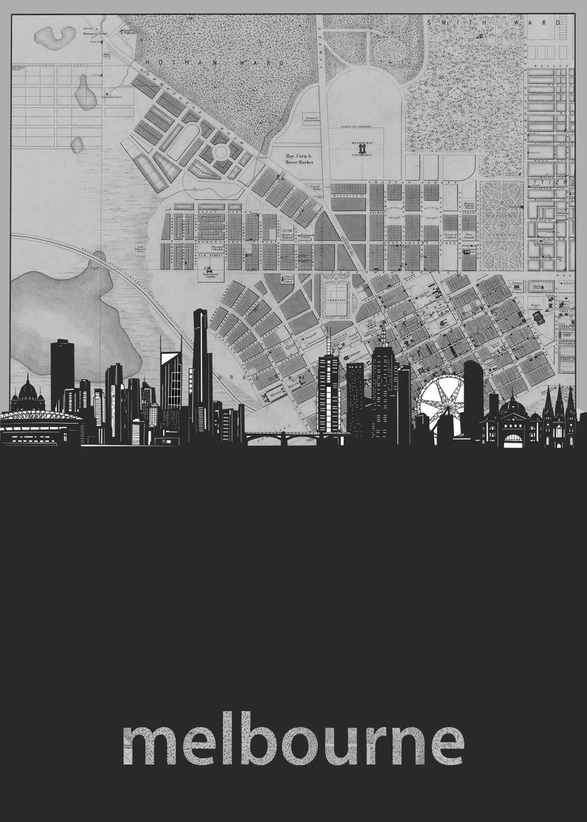 'melbourne skyline grey' Poster, picture, metal print, paint by Bekim ...
