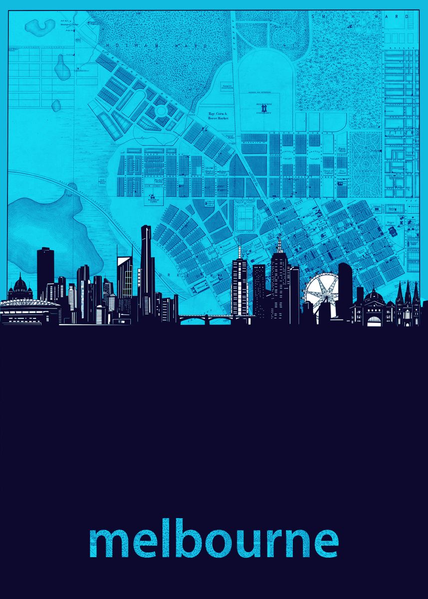 'melbourne skyline turquois' Poster by Bekim Art | Displate