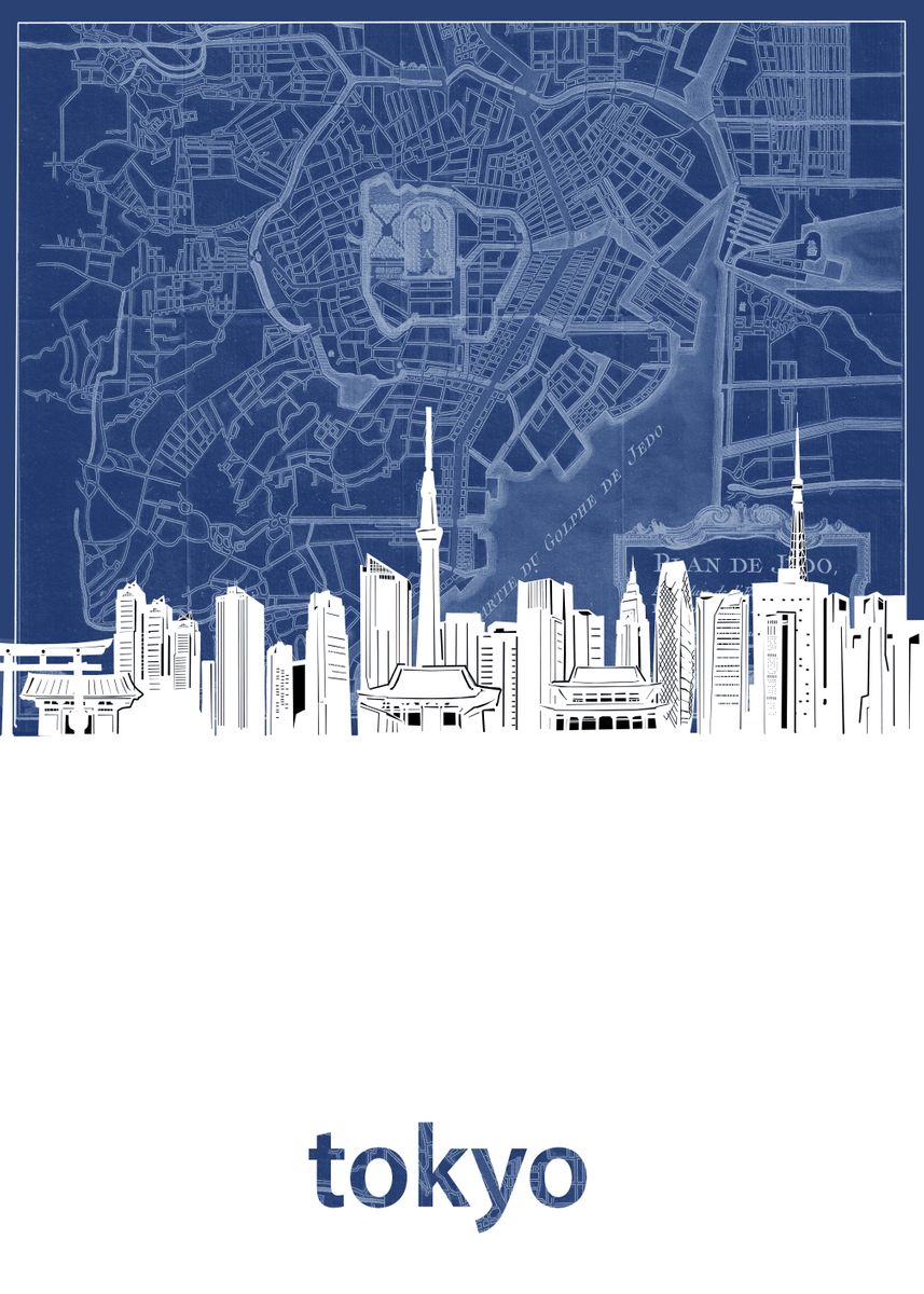 'tokyo skyline blue' Poster, picture, metal print, paint by Bekim Art ...