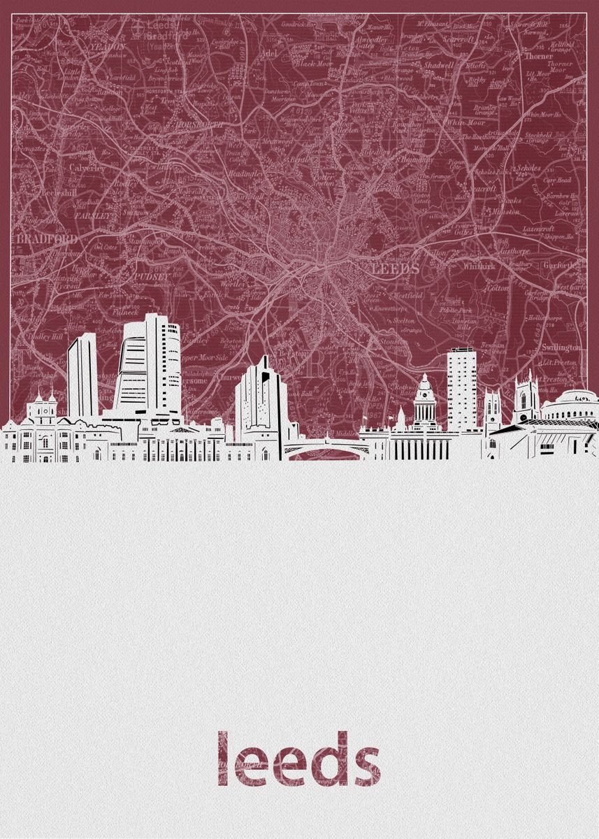 'leeds skyline red' Poster, picture, metal print, paint by Bekim Art ...