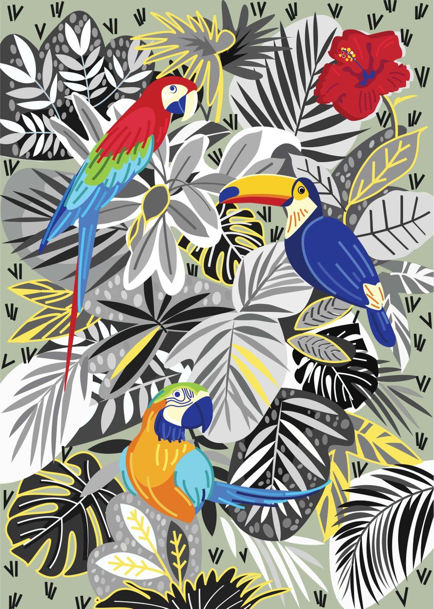 'Tropical Birds ' Poster, picture, metal print, paint by River Ng ...
