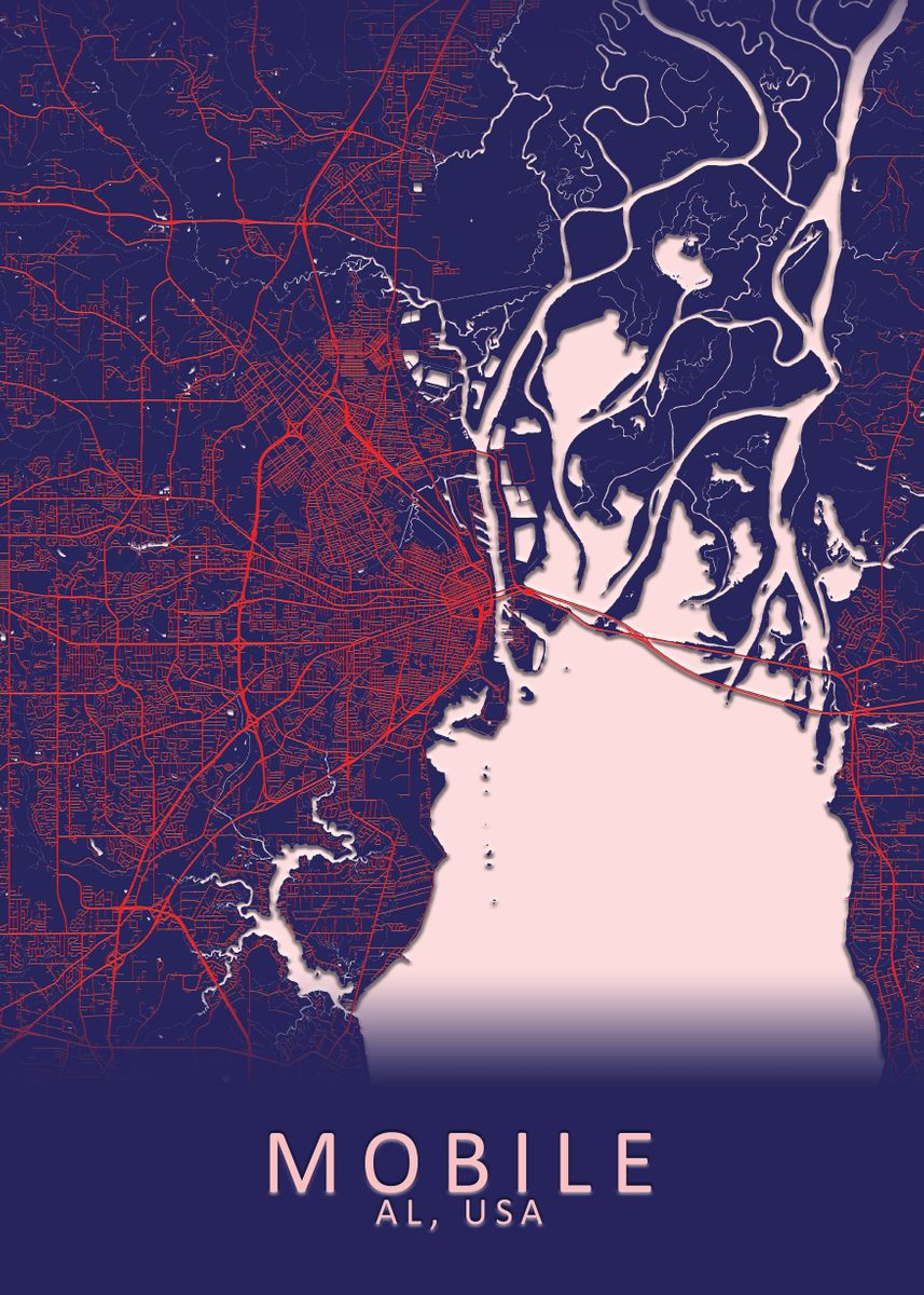 'Mobile AL USA City Map' Poster, picture, metal print, paint by City ...
