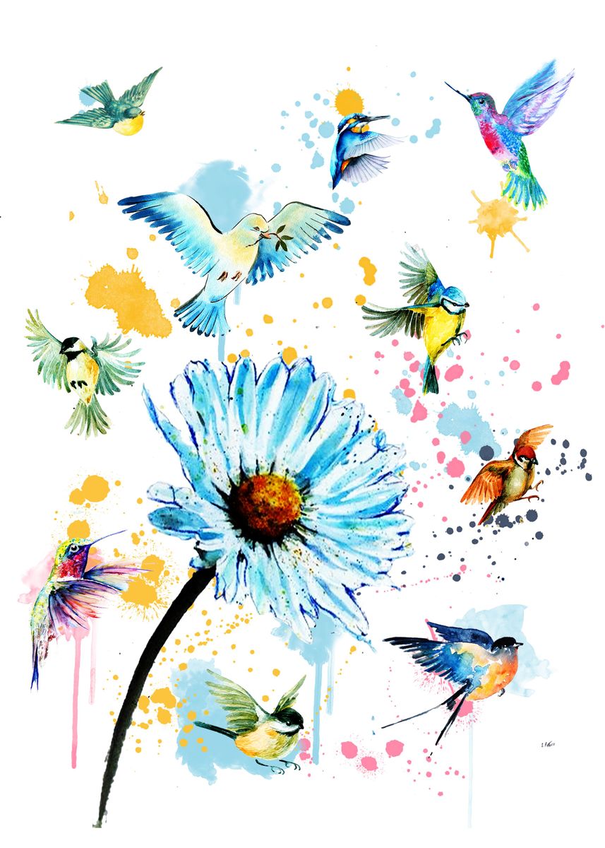 'birds and daisy art' Poster, picture, metal print, paint by Lê Phượng ...
