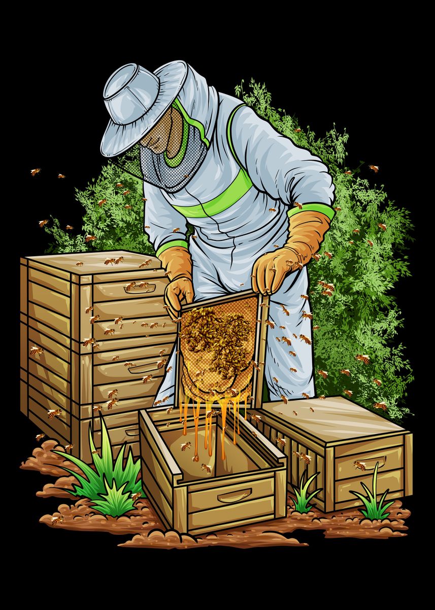 'Beekeeper at Work' Poster, picture, metal print, paint by Wonderful ...