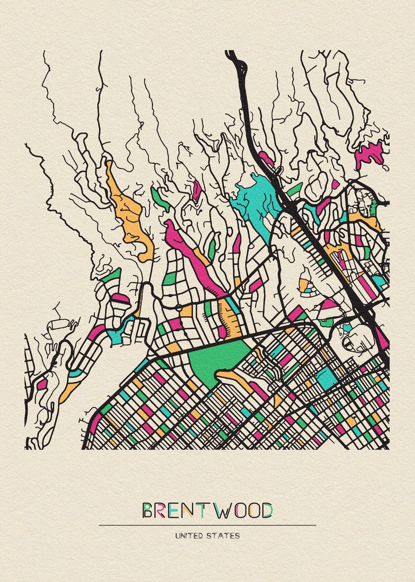 'Brentwood Map' Poster, picture, metal print, paint by Deniz A. | Displate