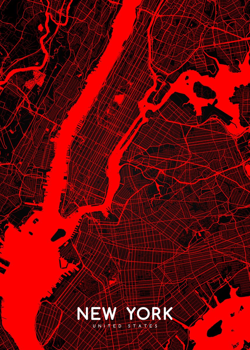 'New York map red' Poster, picture, metal print, paint by mapsies ...