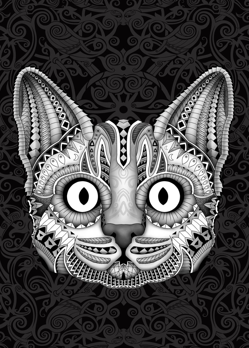 'Aztec Cat Head' Poster, picture, metal print, paint by Lugu ...