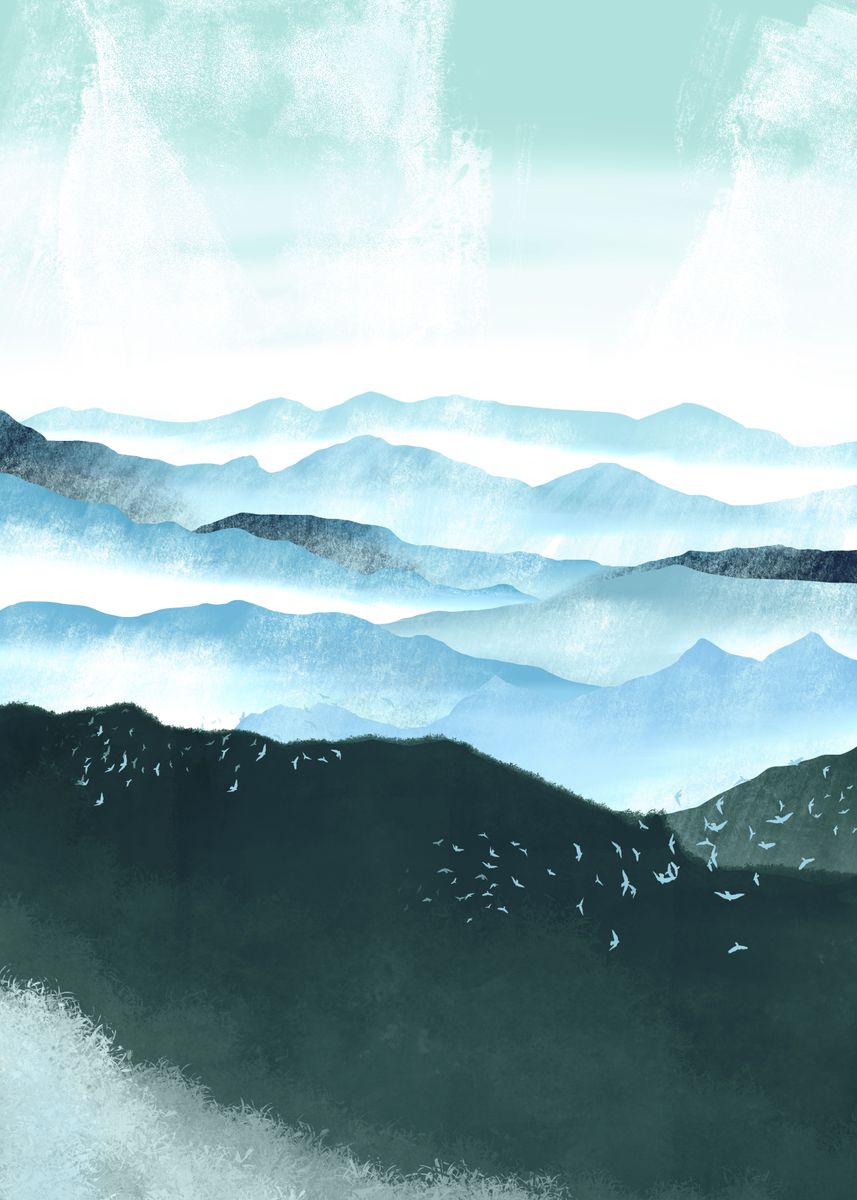 'Blue Hills' Poster, picture, metal print, paint by Tomasz Dąbek | Displate