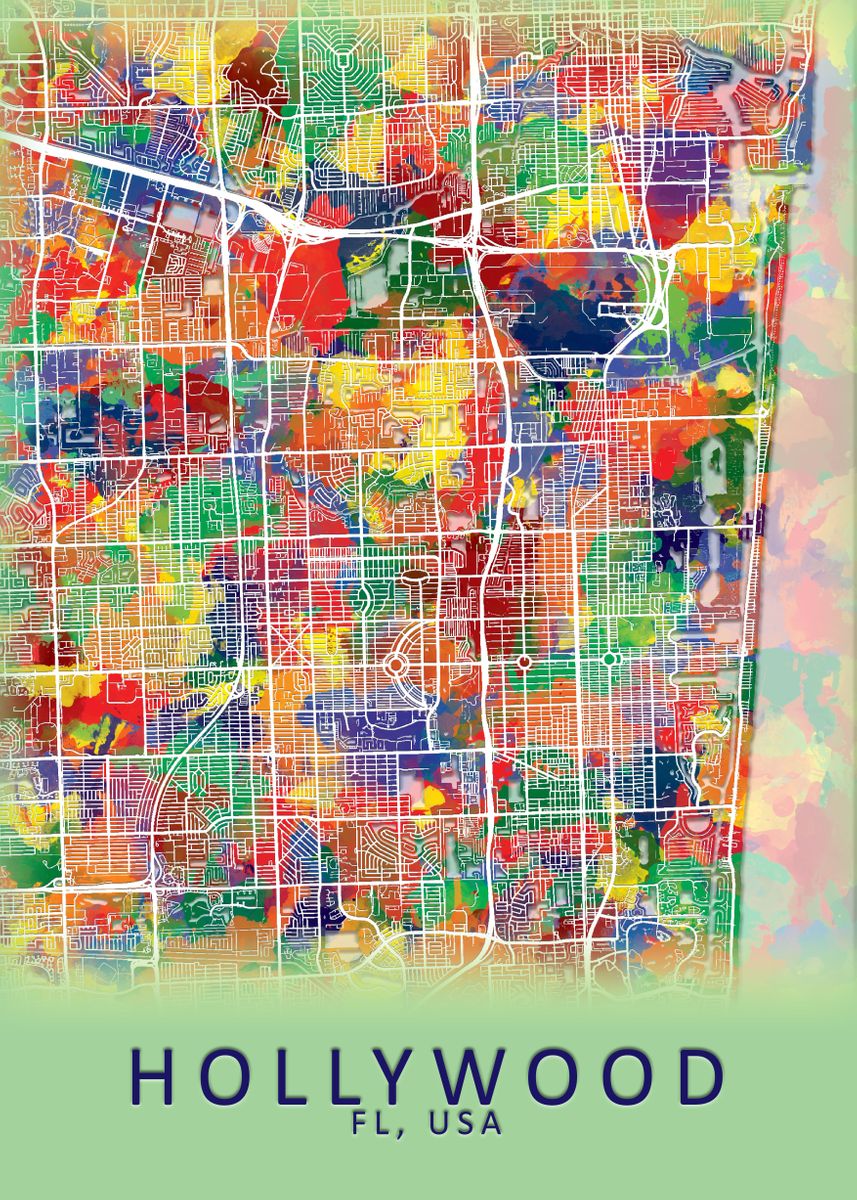 'Hollywood FL USA City Map' Poster, picture, metal print, paint by City ...