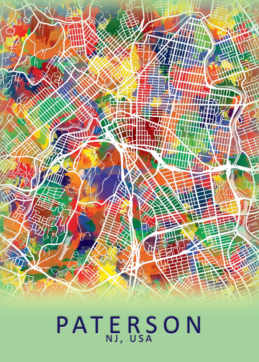 'Paterson NJ USA City Map' Poster, picture, metal print, paint by City ...