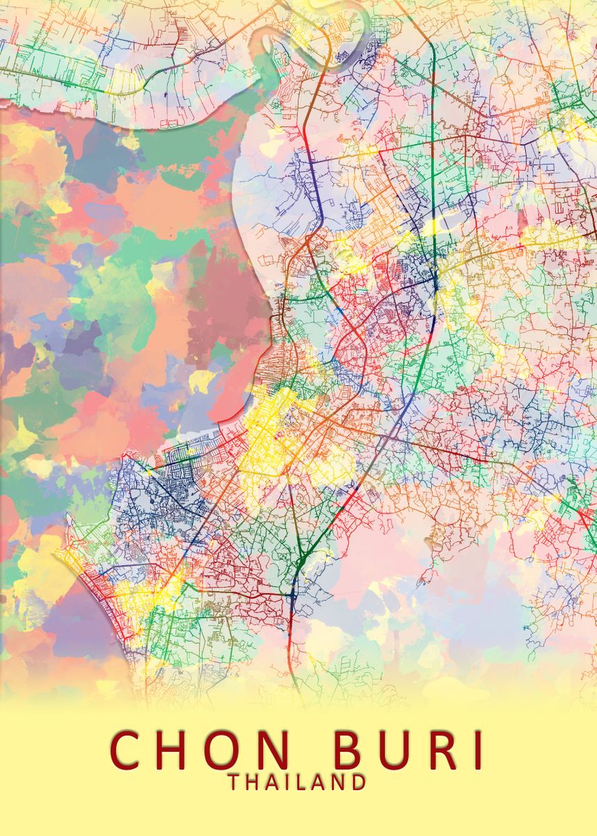 'Chon Buri Thailand Map' Poster, picture, metal print, paint by City ...