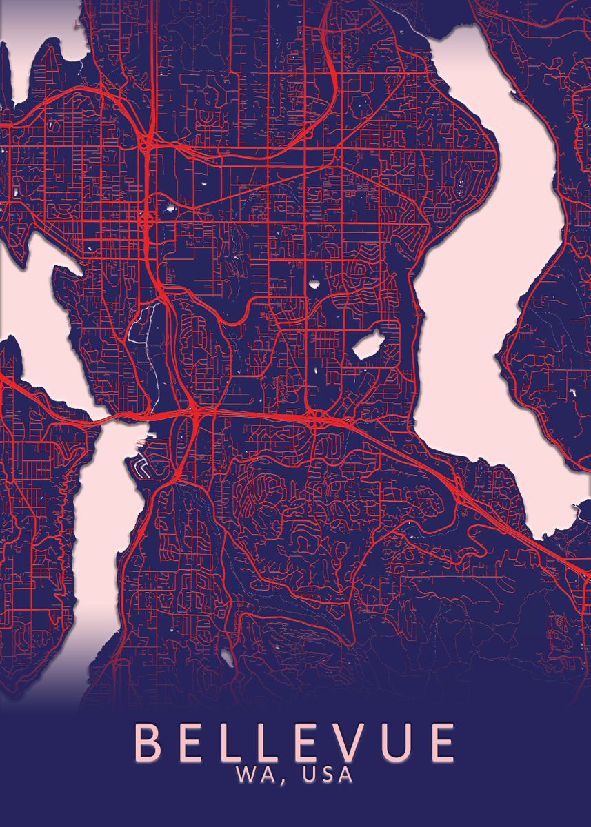 'Bellevue WA USA City Map' Poster, picture, metal print, paint by City ...