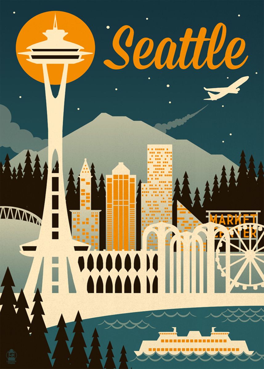 'Seattle Vintage Poster' Poster, picture, metal print, paint by ...