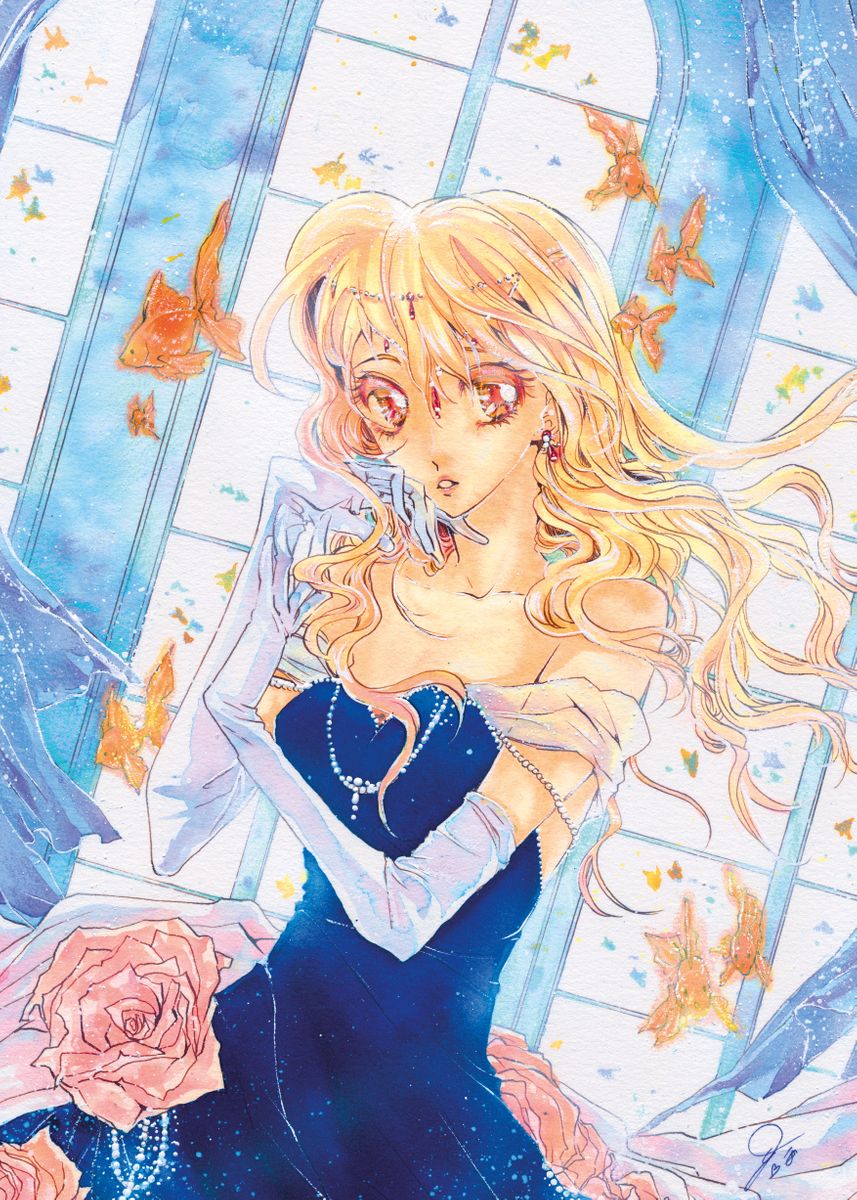 'Goldfish princess' Poster, picture, metal print, paint by Ryoko | Displate