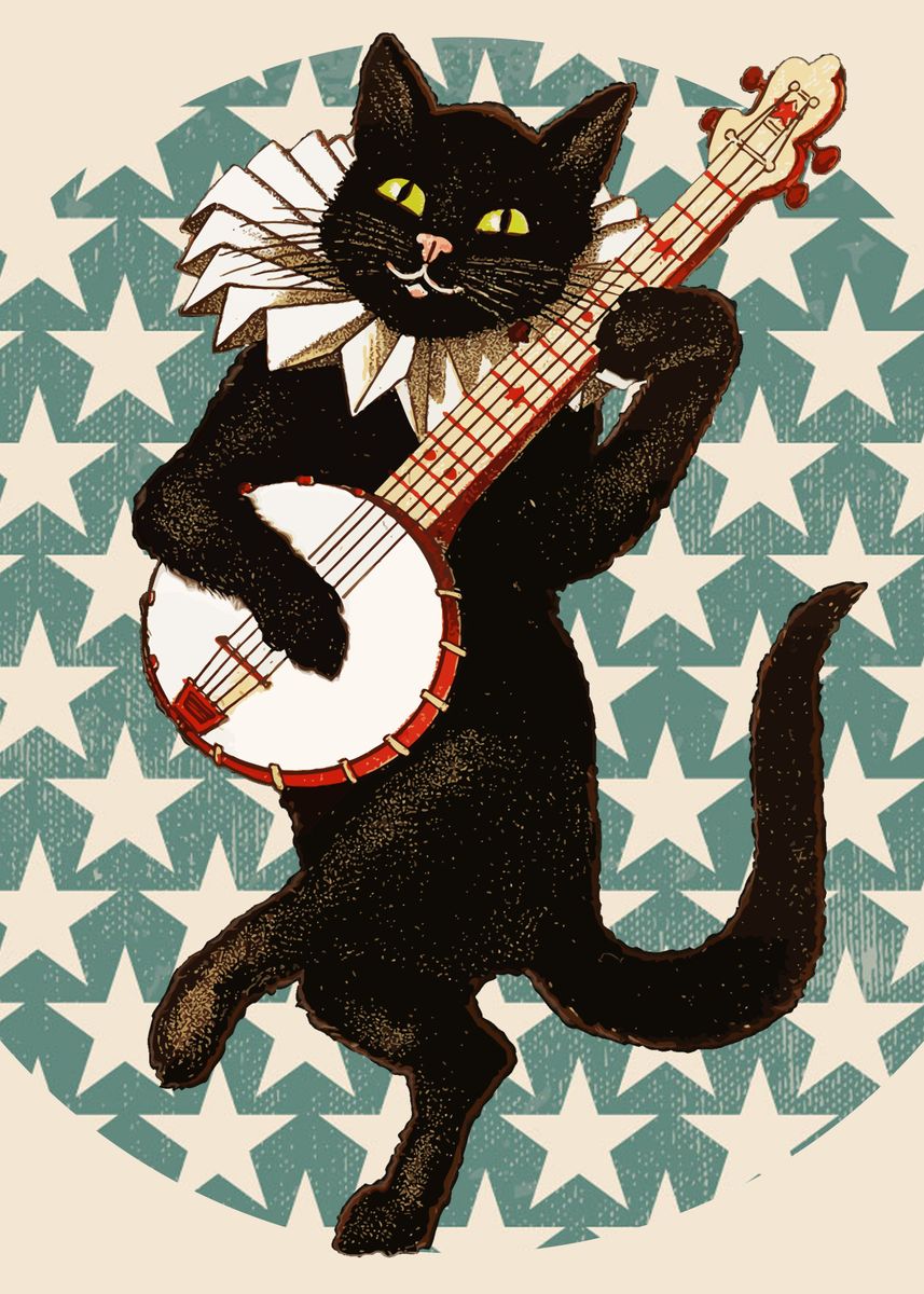 ' BANJO CAT Retro Vintage ' Poster, picture, metal print, paint by ...