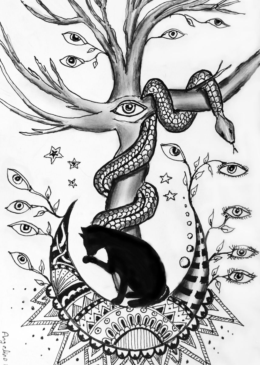 'Cat Snake Tree' Poster by Angelino Tuksar | Displate