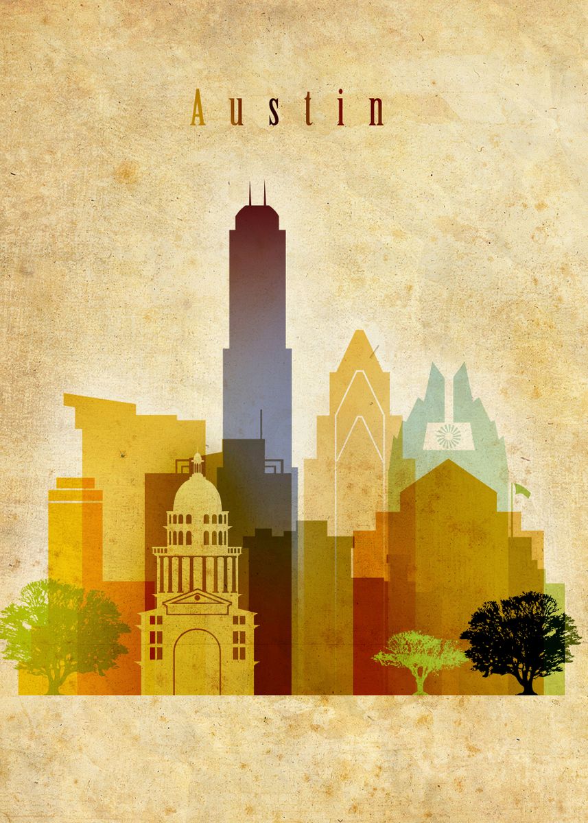'Austin Texas Skyline' Poster, picture, metal print, paint by Dim ...