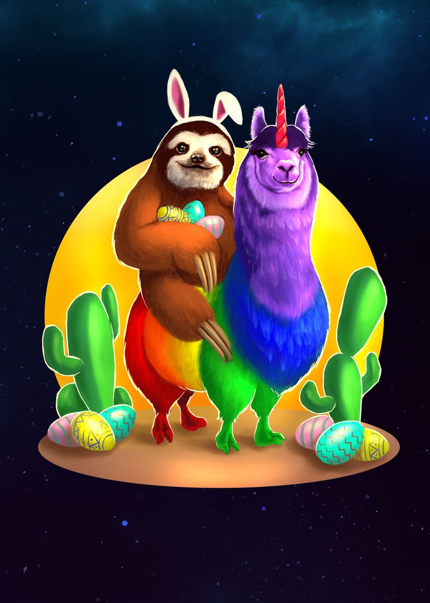 'Bunny Sloth Riding Llama' Poster, picture, metal print, paint by Jay ...