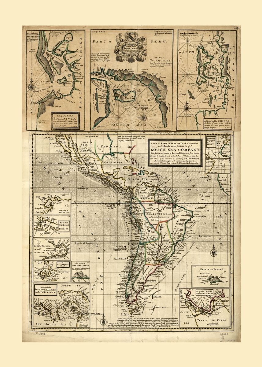 'Map of South America 1711' Poster, picture, metal print, paint by ...