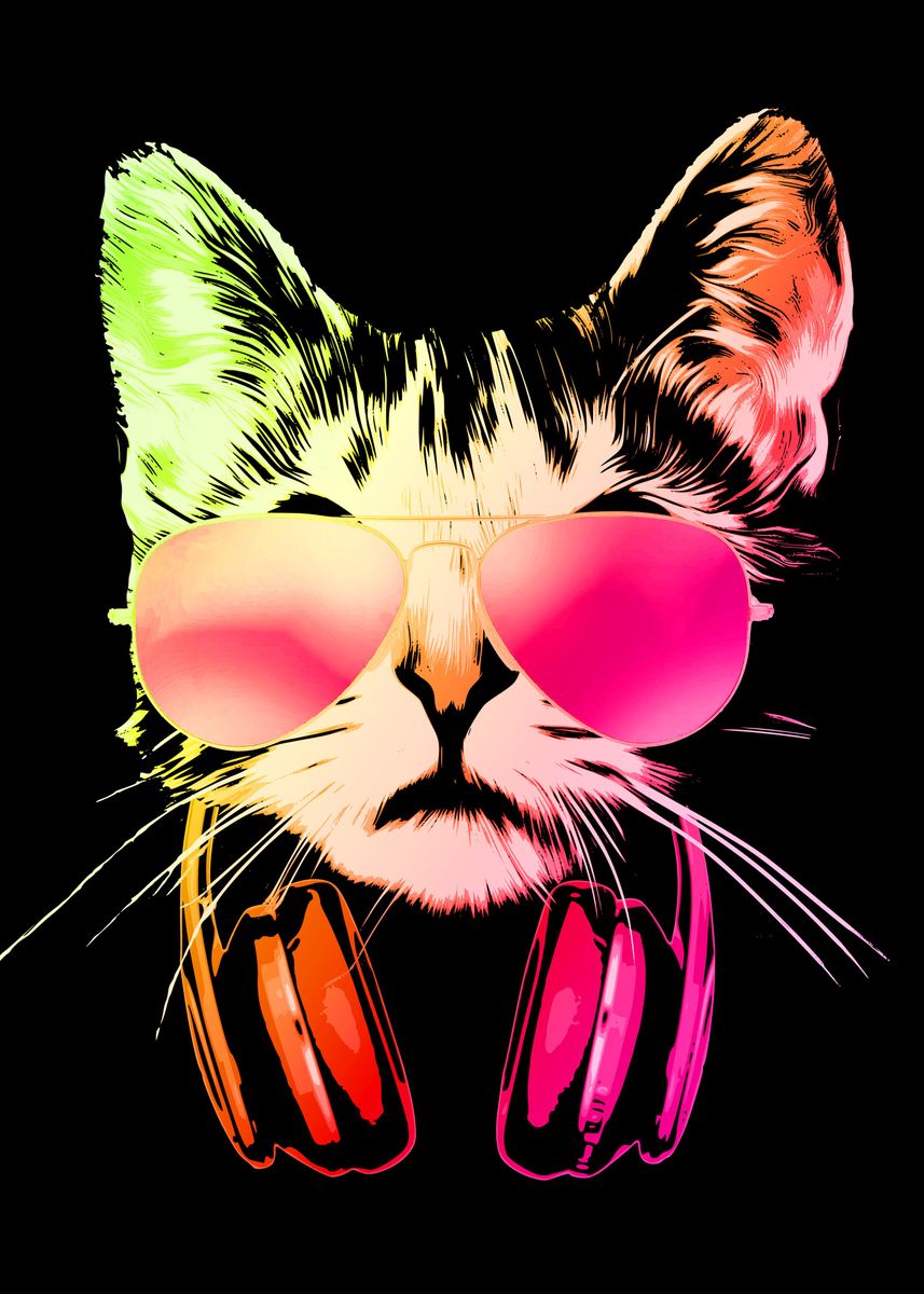 'DJ Cat 5' Poster, picture, metal print, paint by Ellie Queen | Displate