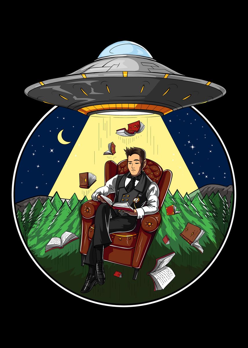 'Book Reading Alien UFO' Poster, picture, metal print, paint by ...