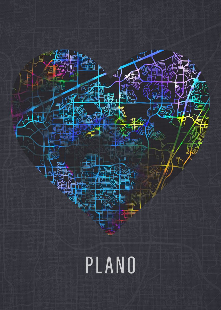 'Plano Texas City Heart Map' Poster, picture, metal print, paint by ...
