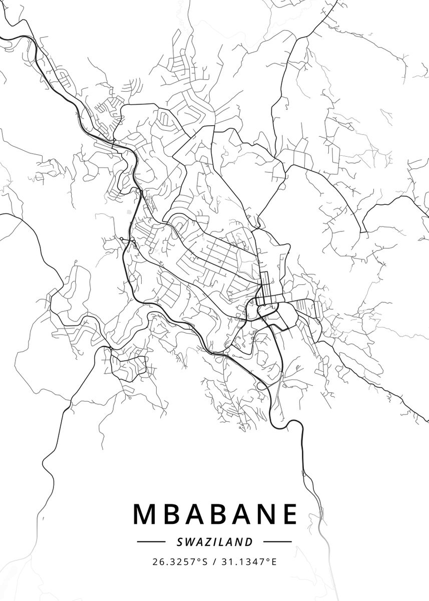 'Mbabane Swaziland' Poster, picture, metal print, paint by Designer Map ...